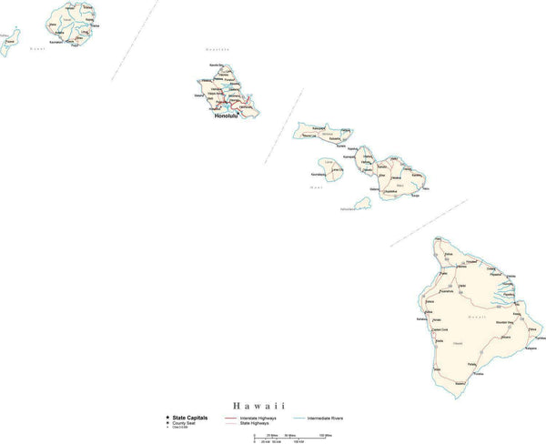 Hawaii with Capital, Counties, Cities, Roads, Rivers & Lakes