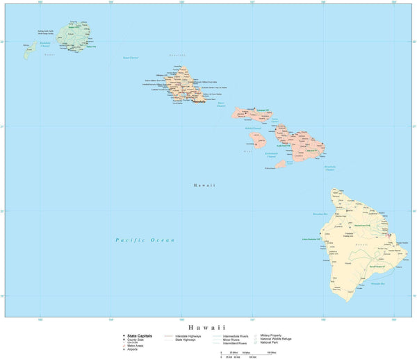 Hawaii State Map in Adobe Illustrator Vector Format. Detailed, editable ...