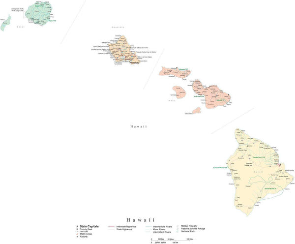State Map of Hawaii in Adobe Illustrator vector format. Detailed ...