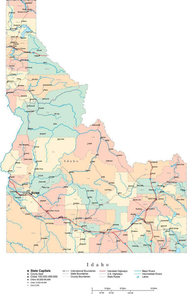 Idaho Digital Vector Map with Counties, Major Cities, Roads, Rivers & Lakes