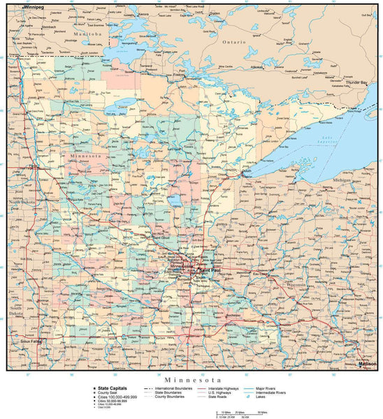 Minnesota Adobe Illustrator Map with Counties, Cities, County Seats ...