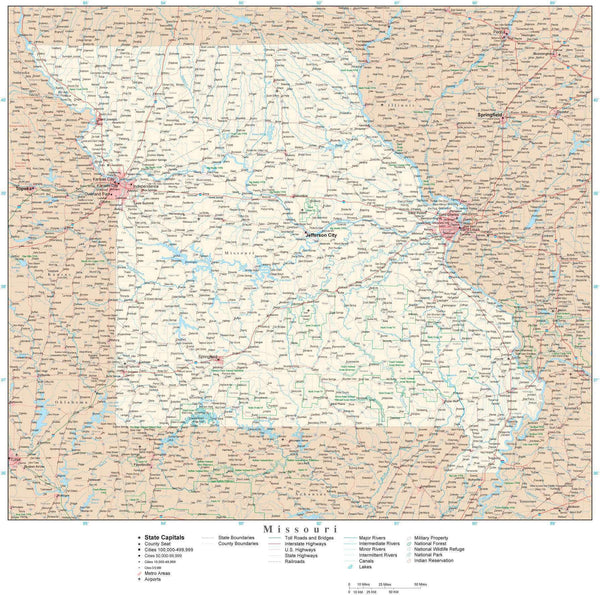 Missouri Detailed Map in Adobe Illustrator vector format. Detailed ...