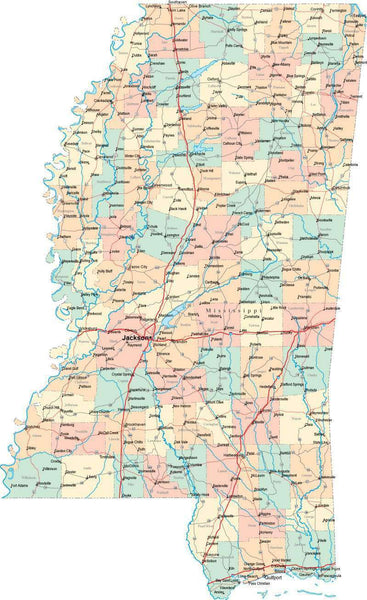 Digital Mississippi State Map in Multi-Color Fit-Together Style to ...
