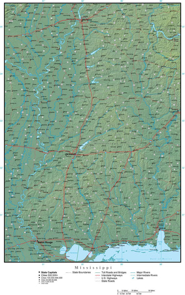 Mississippi State Map Plus Terrain with Cities & Roads