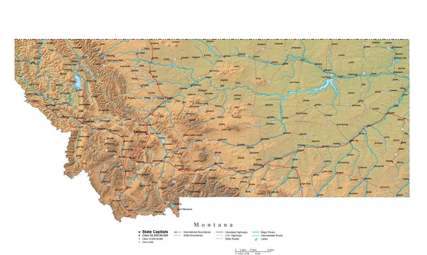 Montana Illustrator Vector Map with Cities, Roads and Photoshop Terrain Image