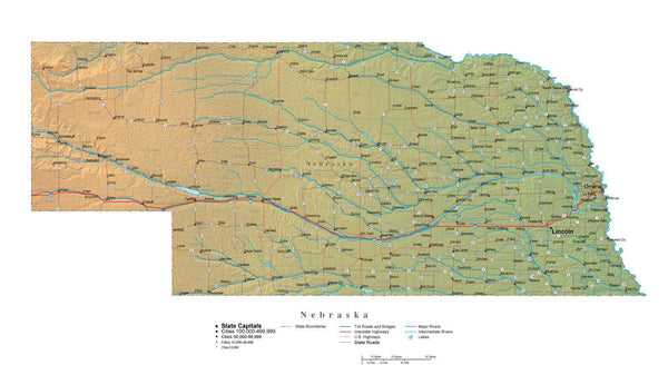 Nebraska Illustrator Vector Map with Cities, Roads and Photoshop ...