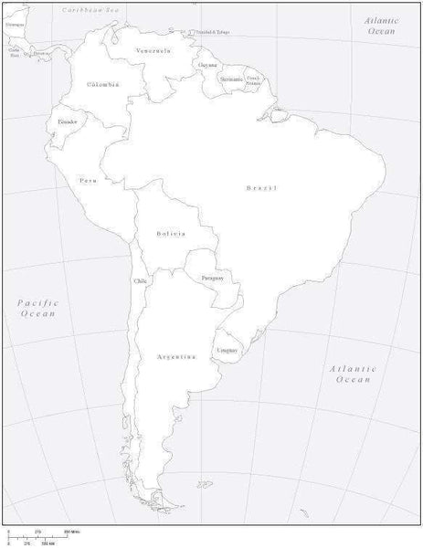 South America Black & White Map with Countries