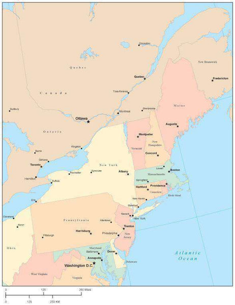 USA Northeast Region Map with State Boundaries, Capital and Major Citi