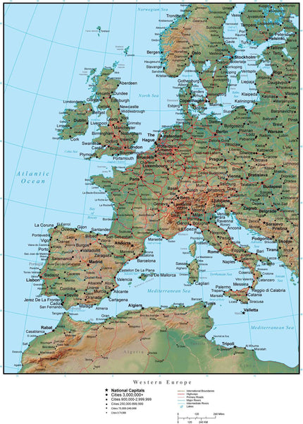 Western Europe Terrain map in Adobe Illustrator vector format with ...
