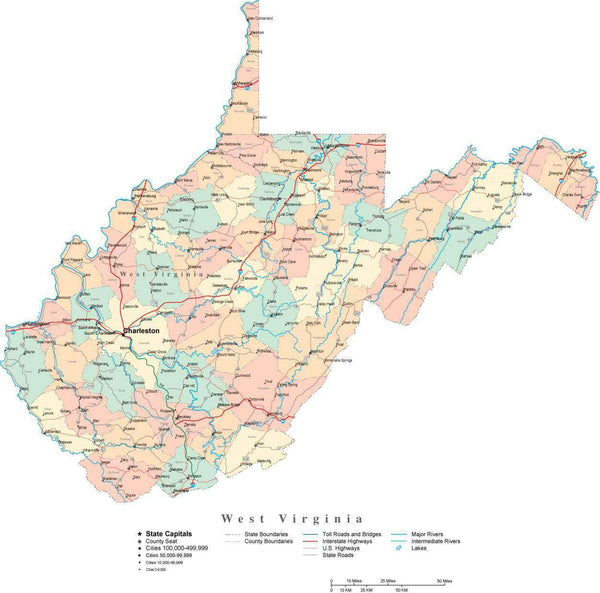 West Virginia Digital Vector Map with Counties, Major Cities, Roads ...