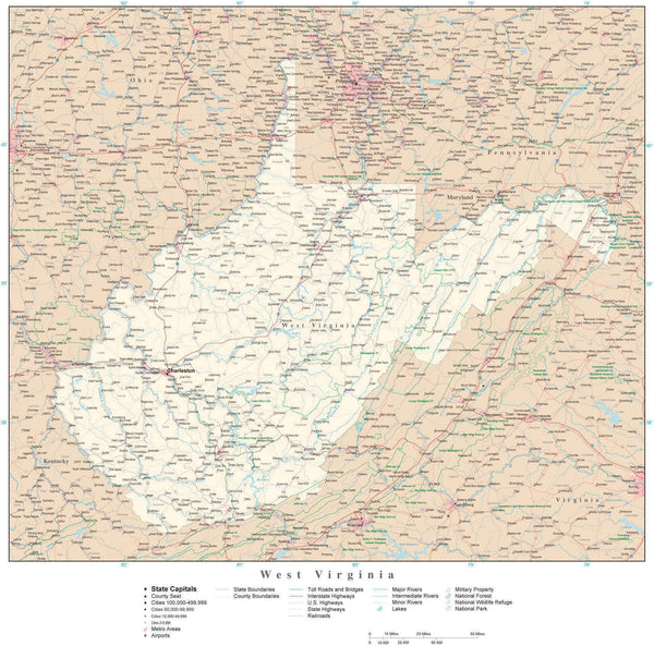 West Virginia Detailed Map in Adobe Illustrator vector format. Detailed ...