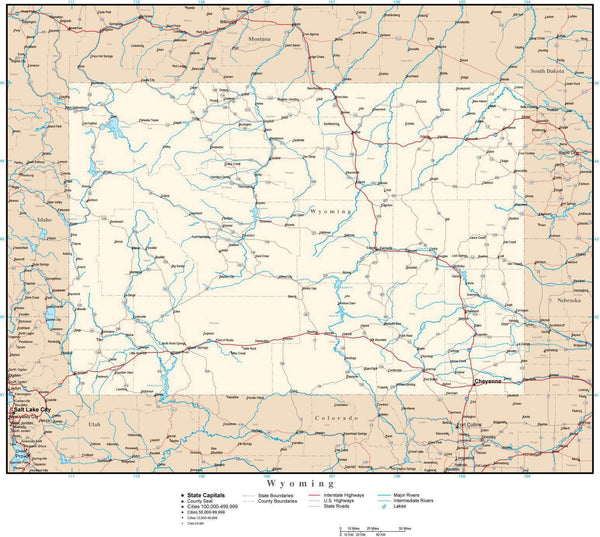 Detailed Wyoming Road Map Map Of Montana And Wyoming Stock Vector