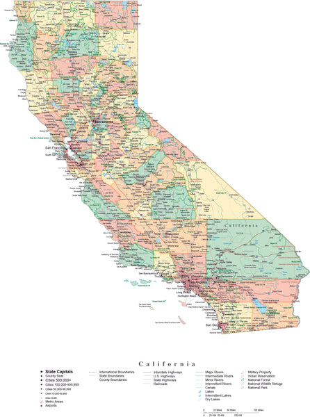 State Map of California in Adobe Illustrator vector format. Detailed ...