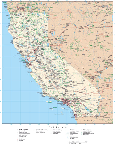 California Detailed Map in Adobe Illustrator vector format. Detailed ...