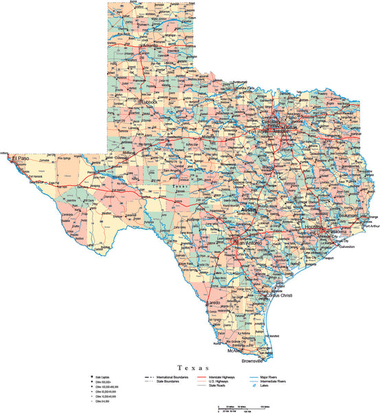 Texas Digital Vector Map with Counties, Major Cities, Roads, Rivers & Lakes