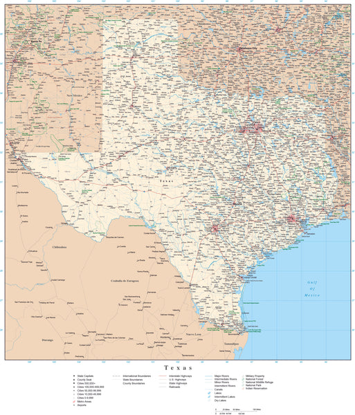 Texas Detailed Map in Adobe Illustrator vector format. Detailed ...