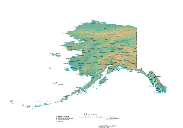 Alaska Illustrator Vector Map with Cities, Roads and Photoshop Terrain ...