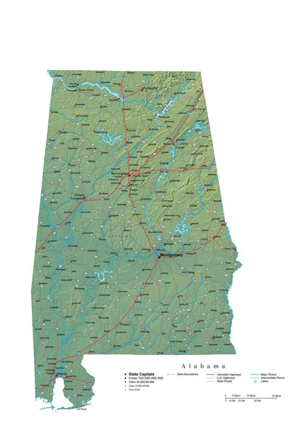 Alabama Illustrator Vector Map with Cities, Roads and Photoshop Terrain ...
