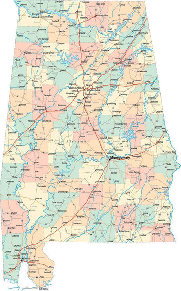 Alabama State Digital Map in Multi-Color Fit-Together Style