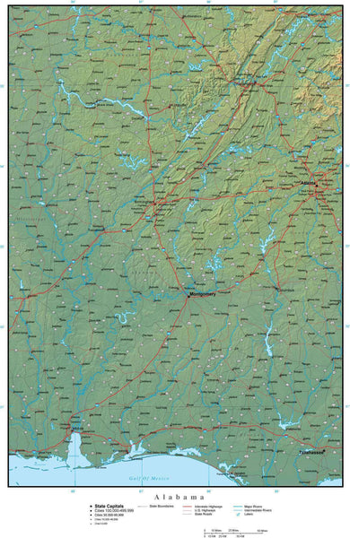 Alabama State Map Plus Terrain with Cities & Roads