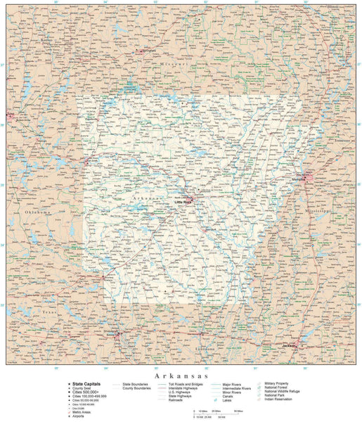 Arkansas Detailed Map in Adobe Illustrator vector format. Detailed ...