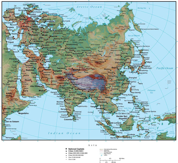 Asia Terrain map in Adobe Illustrator vector format with Photoshop ...
