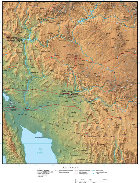 Arizona State Map Plus Terrain with Cities & Roads