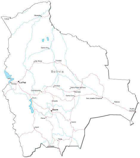 Bolivia Black & White Road map in Adobe Illustrator Vector Format