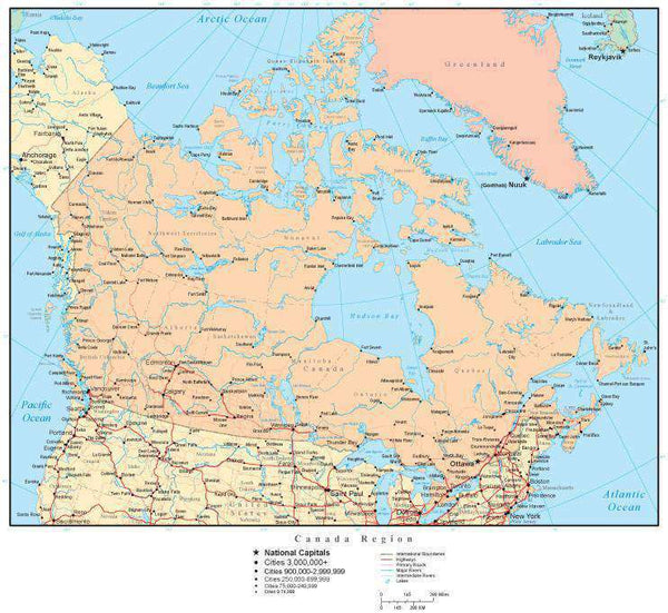 Canada Region Map with Countries, Canadian Provinces, Capitals, Cities