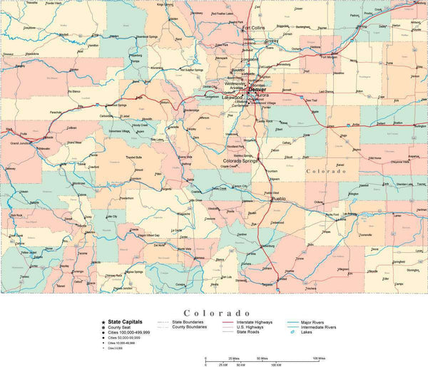 Colorado Digital Vector Map with Counties, Major Cities, Roads, Rivers ...
