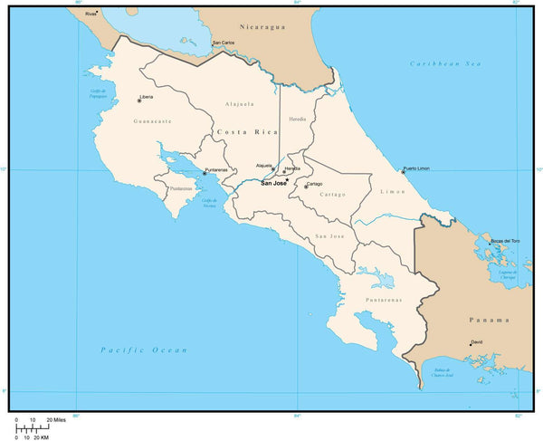 Costa Rica Map with Provinces and Capitals in Adobe Illustrator Format