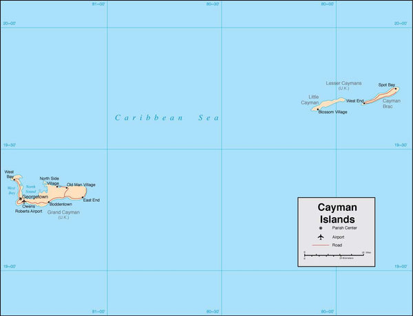Digital Cayman Islands map in Adobe Illustrator vector format