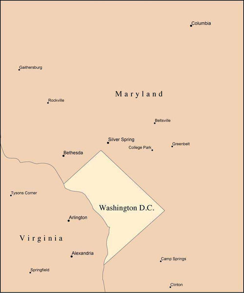 Multi Color Washington, DC Map with Counties, Capitals, and Major Citi