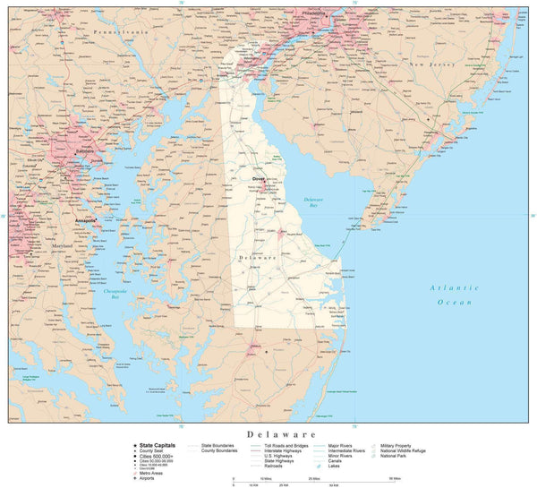 Delaware Detailed Map in Adobe Illustrator vector format. Detailed ...