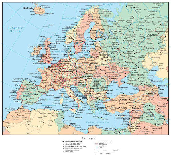 Europe Map with Countries, Cities, and Roads and Water Features