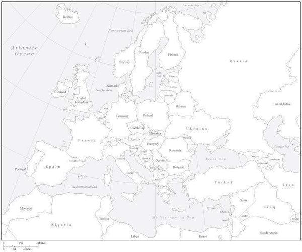 Europe Black & White Map with Countries