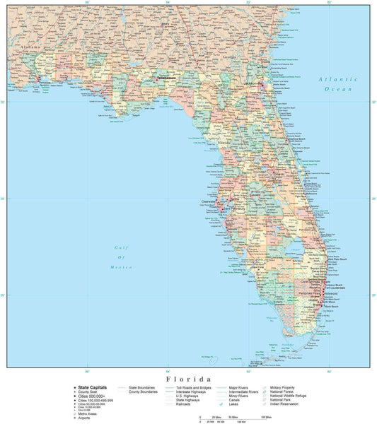 Florida State Map in Adobe Illustrator Vector Format. Detailed ...