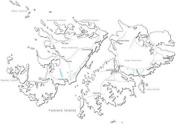 Falkland Islands Black & White Road map in Adobe Illustrator Vector Format