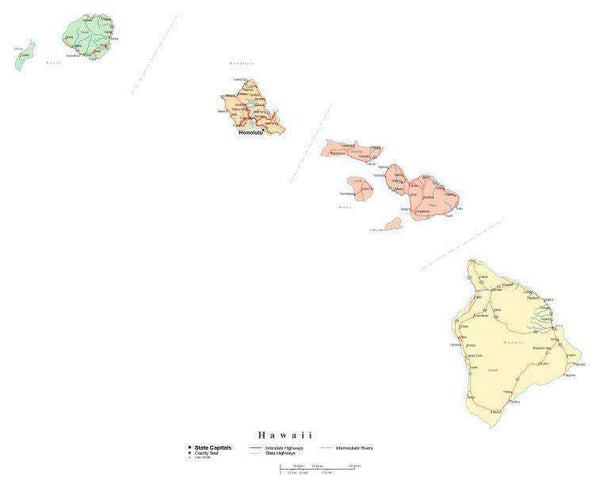 Hawaii Digital Vector Map with Counties, Major Cities, Roads, Rivers ...