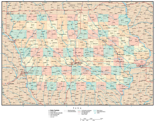 Iowa Adobe Illustrator Map with Counties, Cities, Major Roads