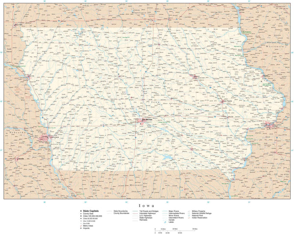 Iowa Detailed Map in Adobe Illustrator vector format. Detailed ...