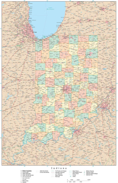 Indiana State Map in Adobe Illustrator Vector Format. Detailed ...