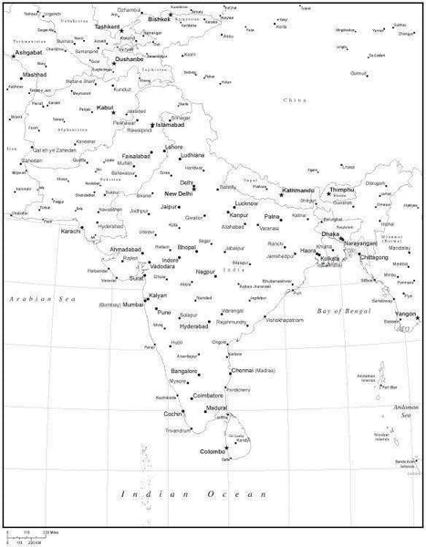 Black & White Southern Asia Map with Countries and Major Cities - IND ...