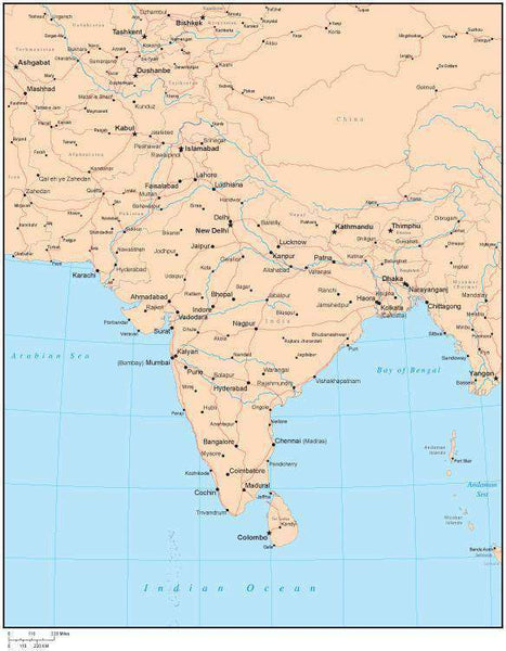 Single Color Southern Asia Map with Countries, Major Cities