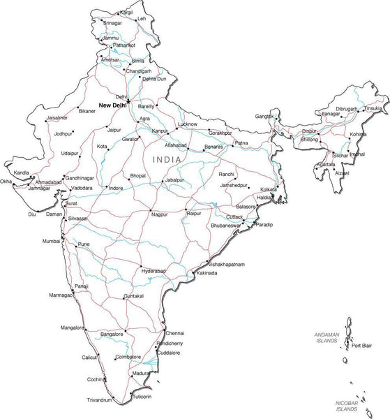 India Black & White Road map in Adobe Illustrator Vector Format