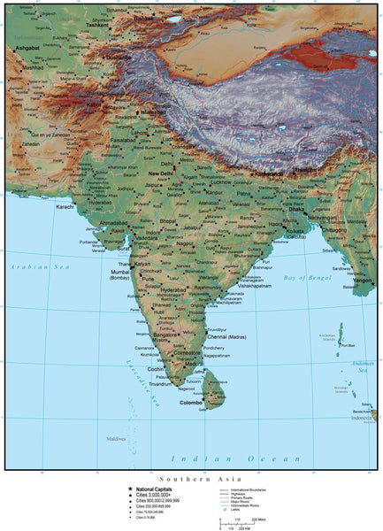 Southern Asia Terrain map in Adobe Illustrator vector format with ...