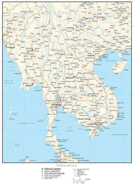Indochina Map with Countries, Cities, and Roads