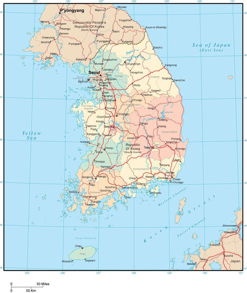 Digital South Korea map in Adobe Illustrator vector format