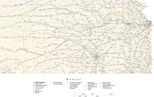 Kansas Detailed Cut-Out Style State Map in Adobe Illustrator Vector ...