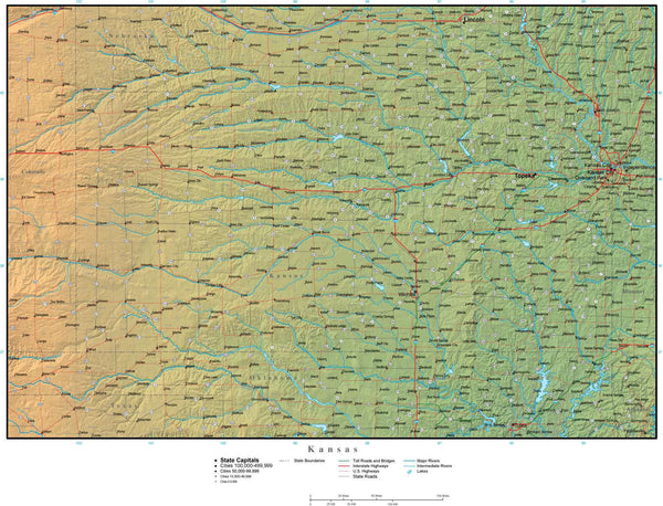 Kansas State Map Plus Terrain with Cities & Roads